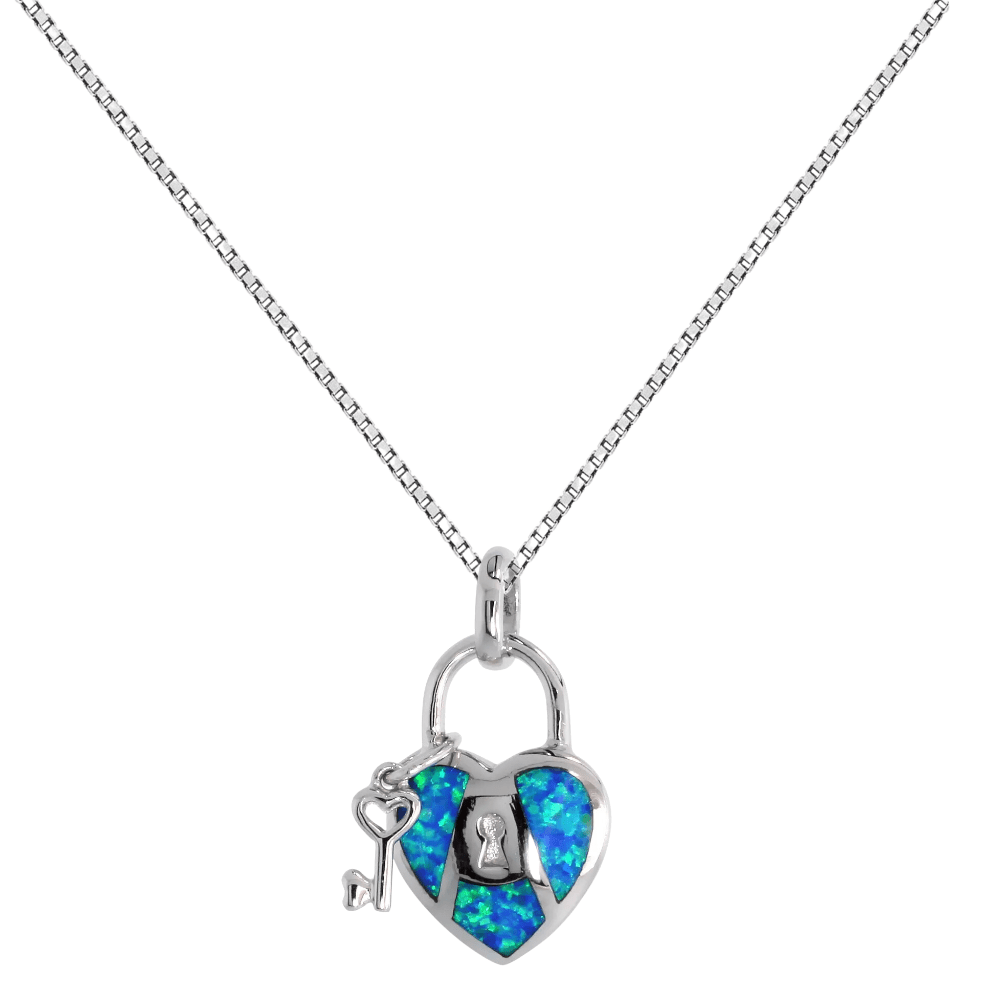 Sterling Silver Mosaic Opal Lock & Key Heart Pendant Necklace – Gold ...