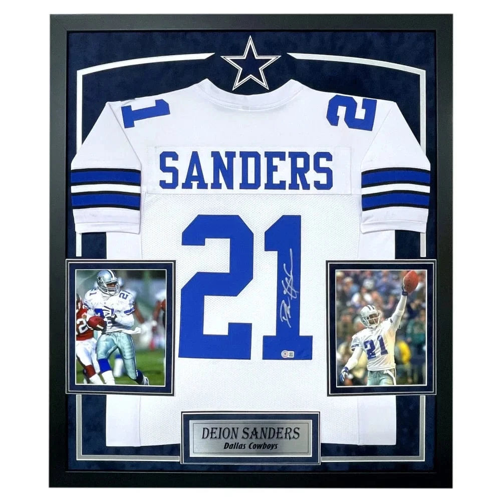 Deion Sanders Autographed Dallas Cowboys Jersey Framed BAS Signed Memo ...