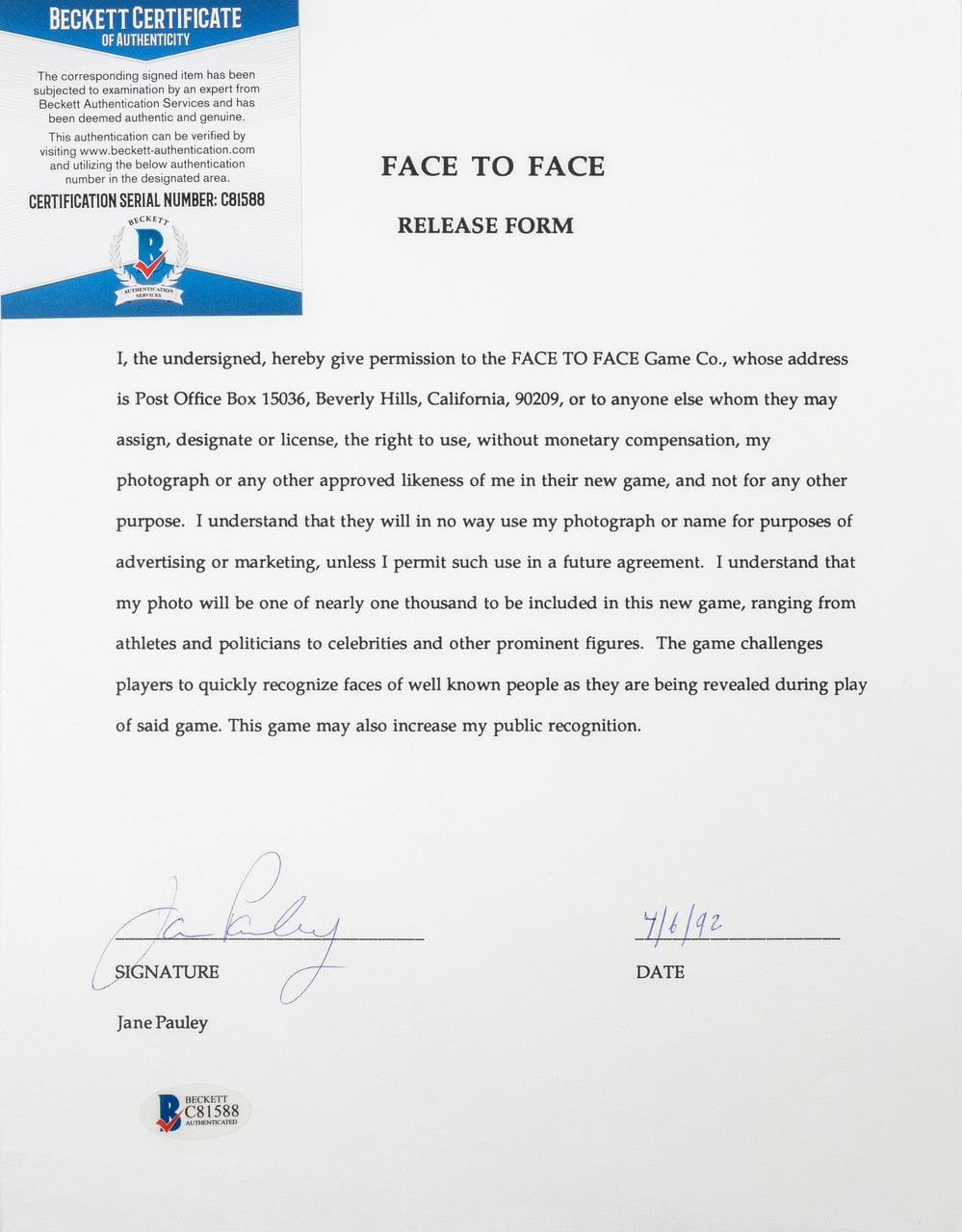 Face to Face Board Game Celebrity Autograph-Jane Pauley – Gold & Silver ...