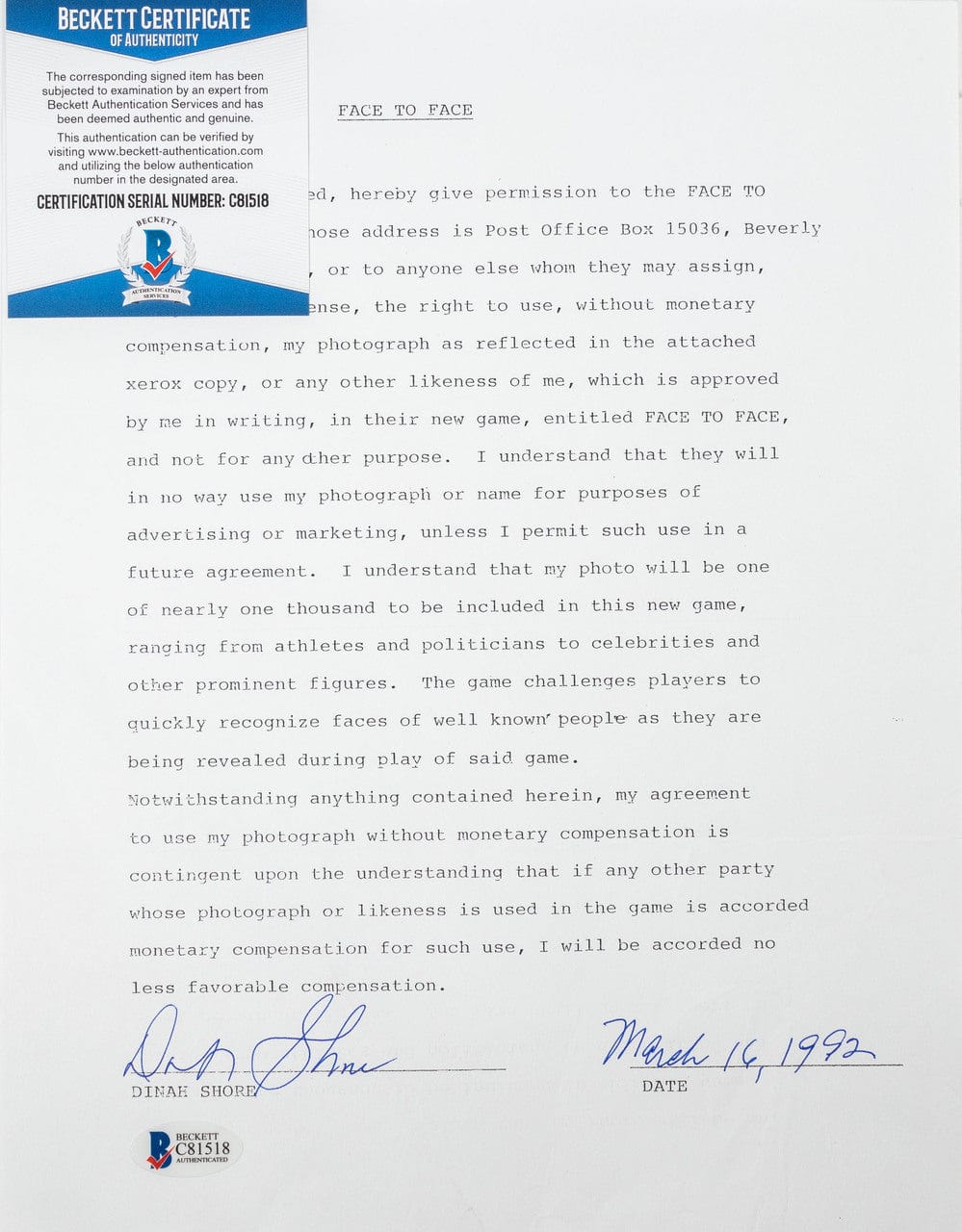 Dinah Shore Autograph - Face to Face – Gold & Silver Pawn Shop