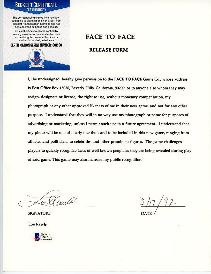 Face to Face Board Game Celebrity Autograph - Lou Rawls – Gold & Silver ...