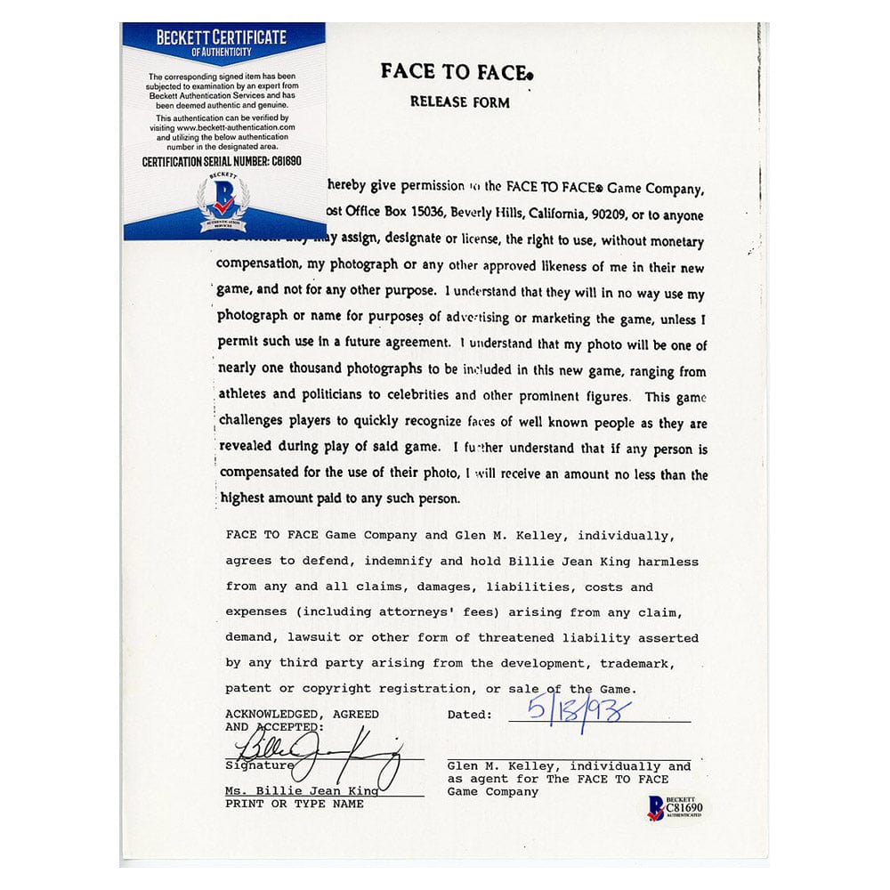 Face to Face Board Game Celebrity Autograph - Ms. Billie Jean King ...