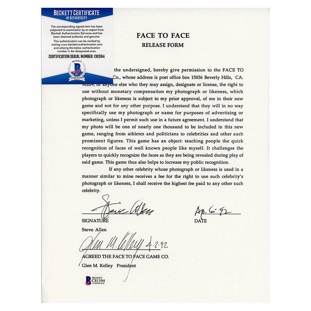 Face to Face Board Game Celebrity Autograph - Steve Allen – Gold ...